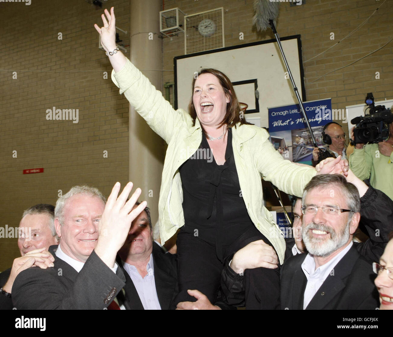 Sinn Fein MP Michelle Gildernew, party leader Gerry Adams (right) and ...
