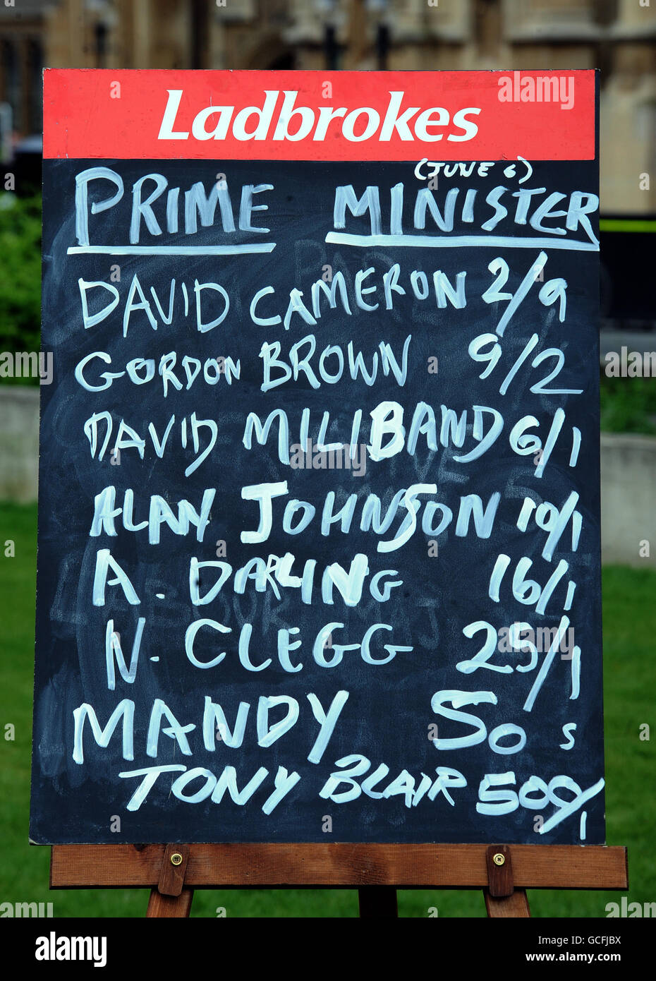 A Ladbrokes board outside the Houses of Parliament shows the latest ...