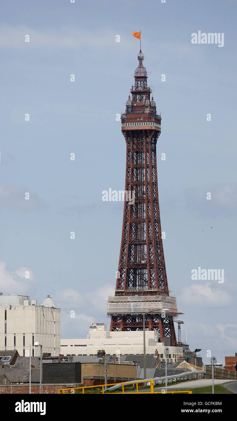 Blackpool tower flies the flag of the football club before the game ...