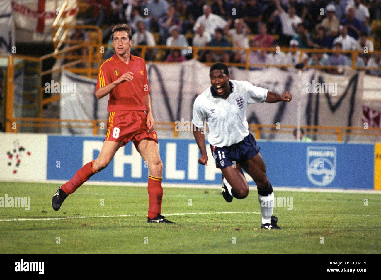 England's John Barnes wheels away in celebration following David Platt ...