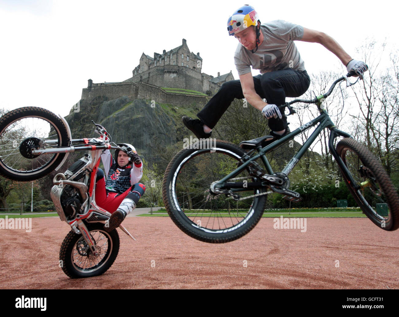 Danny MacAskill jumping with motorbiker Dougie Lampkin near Edinburgh ...
