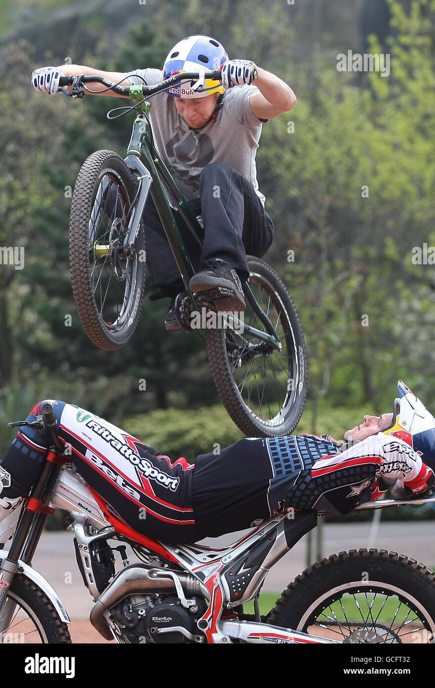 Danny MacAskill jumps over motorbiker Dougie Lampkin near Edinburgh ...