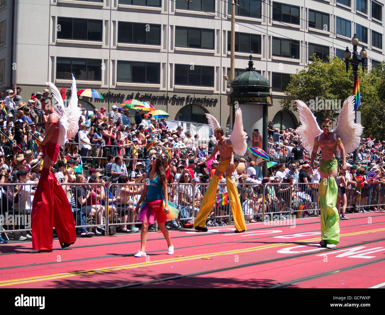Walking in stilts in San Francisco Pride Parade Stock Photo - Alamy