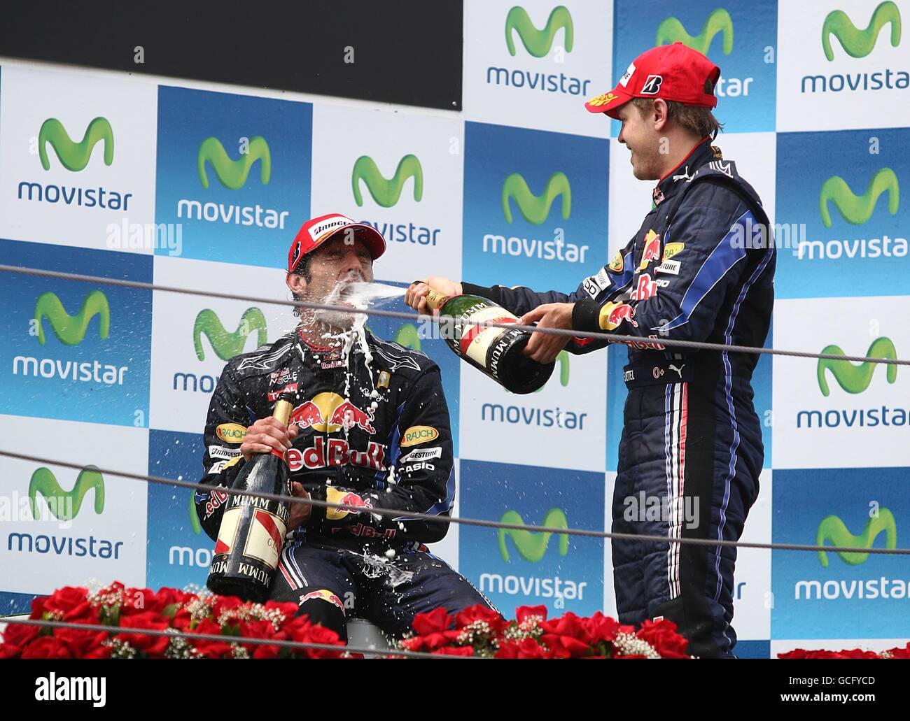 Red Bull's Mark Webber celebrates winning the Spanish Grand Prix with ...