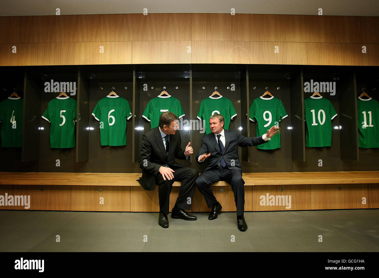 Irish Soccer legends Packie Bonner (left) and Ray Houghton chat in the ...