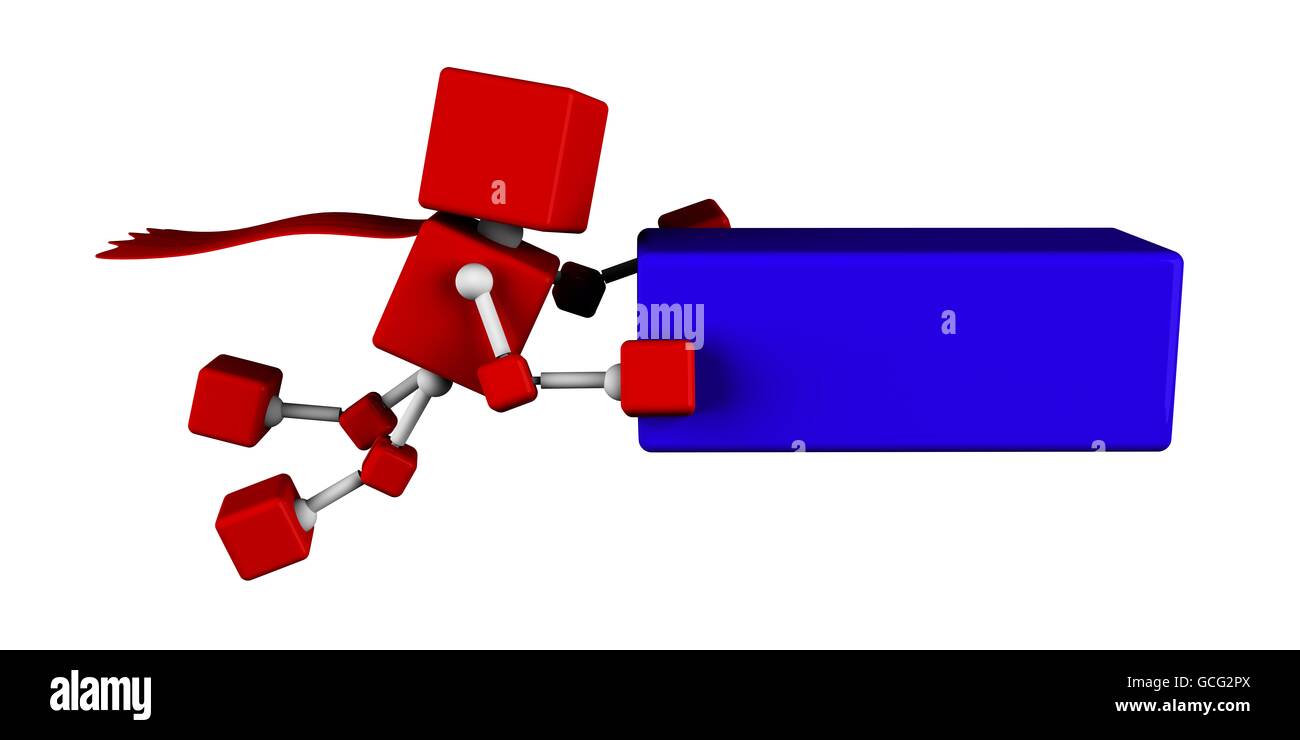 illustration of 3d character superhero red cube fly carrying a blue ...