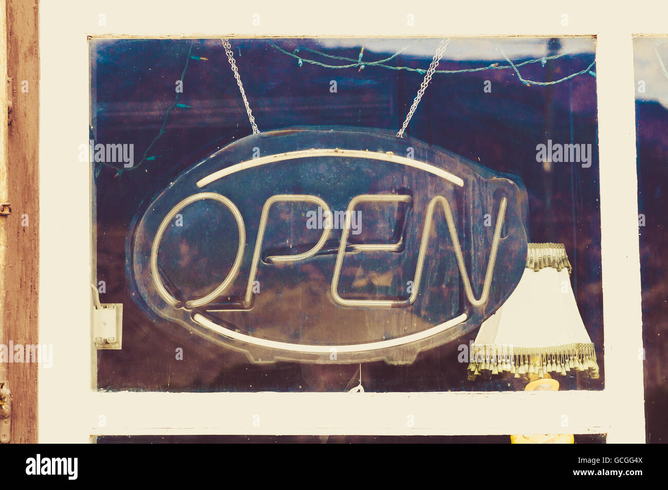Vintage Open Sign in a Window Stock Photo - Alamy