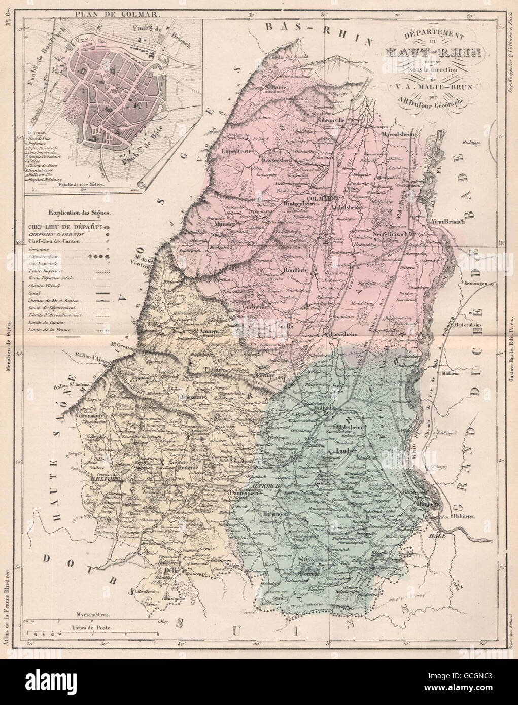 HAUT-RHIN. Carte du département. Plan de Colmar. MALTE-BRUN, 1852 ...