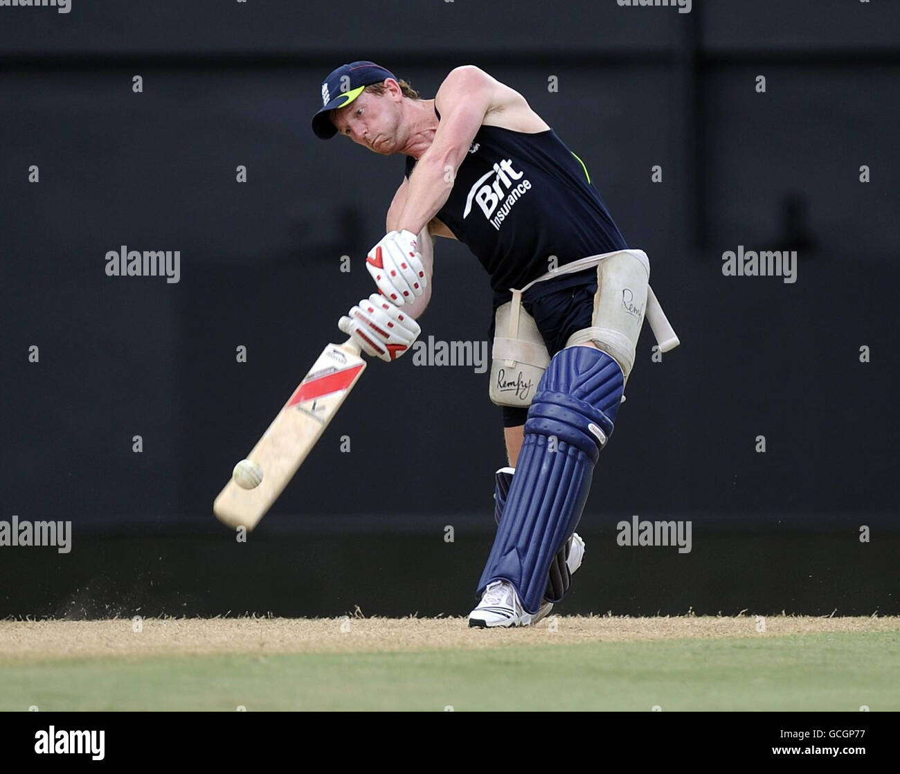 England captain Paul Collingwood hits a six during a practice session ...