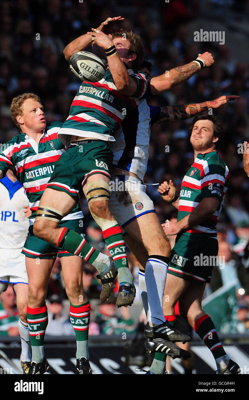 Leicester Tigers' Tom Croft claims the ball above Bath Rugby's Matt ...