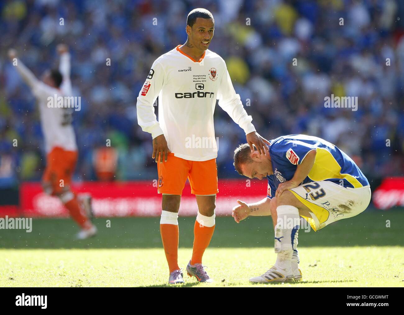 Cardiff City's Darcy Blake (right) and Blackpool's Dudley Campbell ...