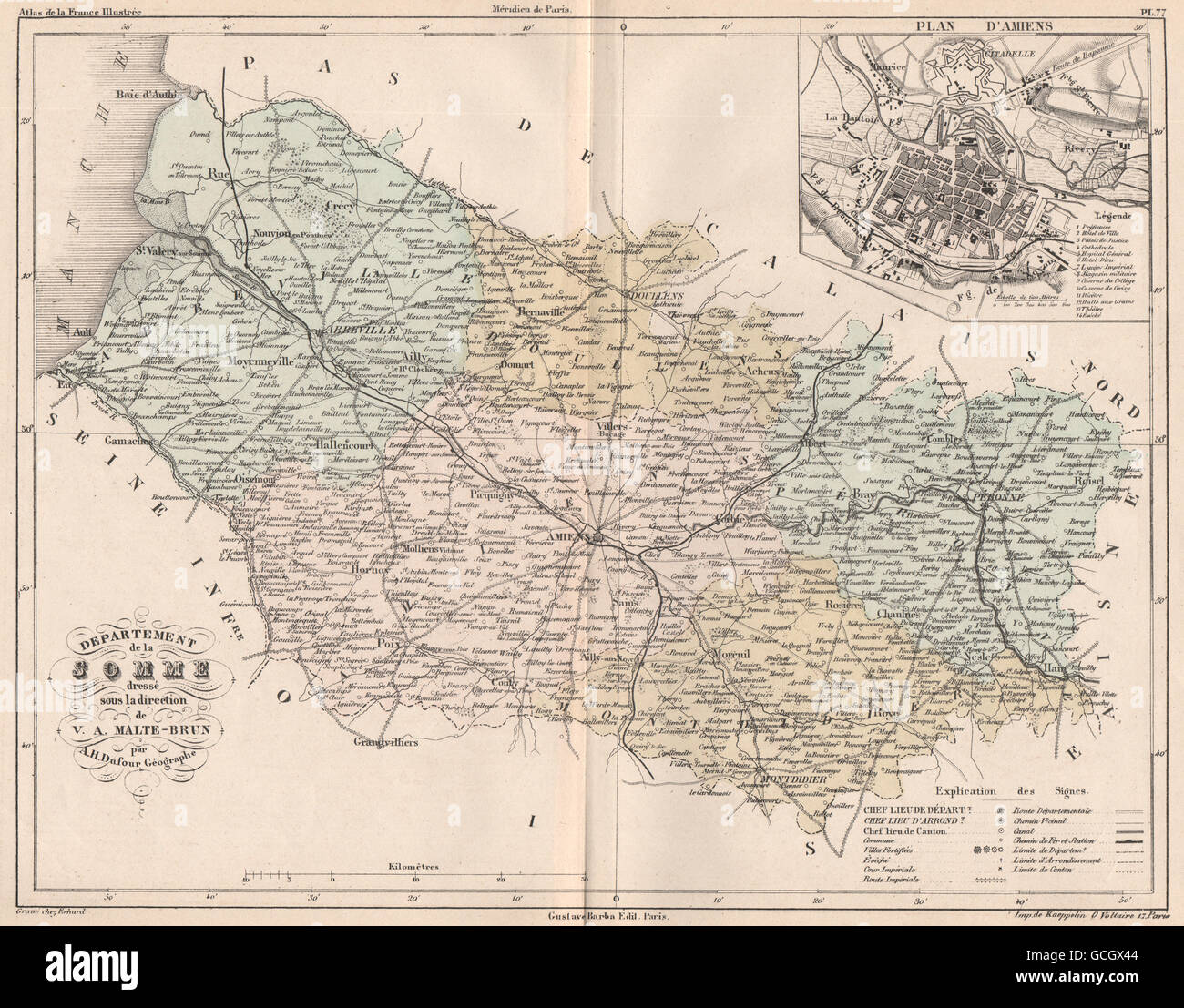 SOMME. Carte du département. Plan d'Amiens. MALTE-BRUN, 1852 antique ...