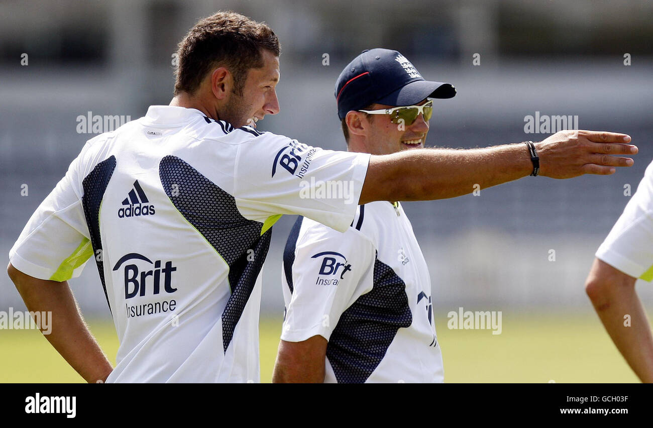 England's Tim Bresnan with Andrew Strauss (right) during the practice ...