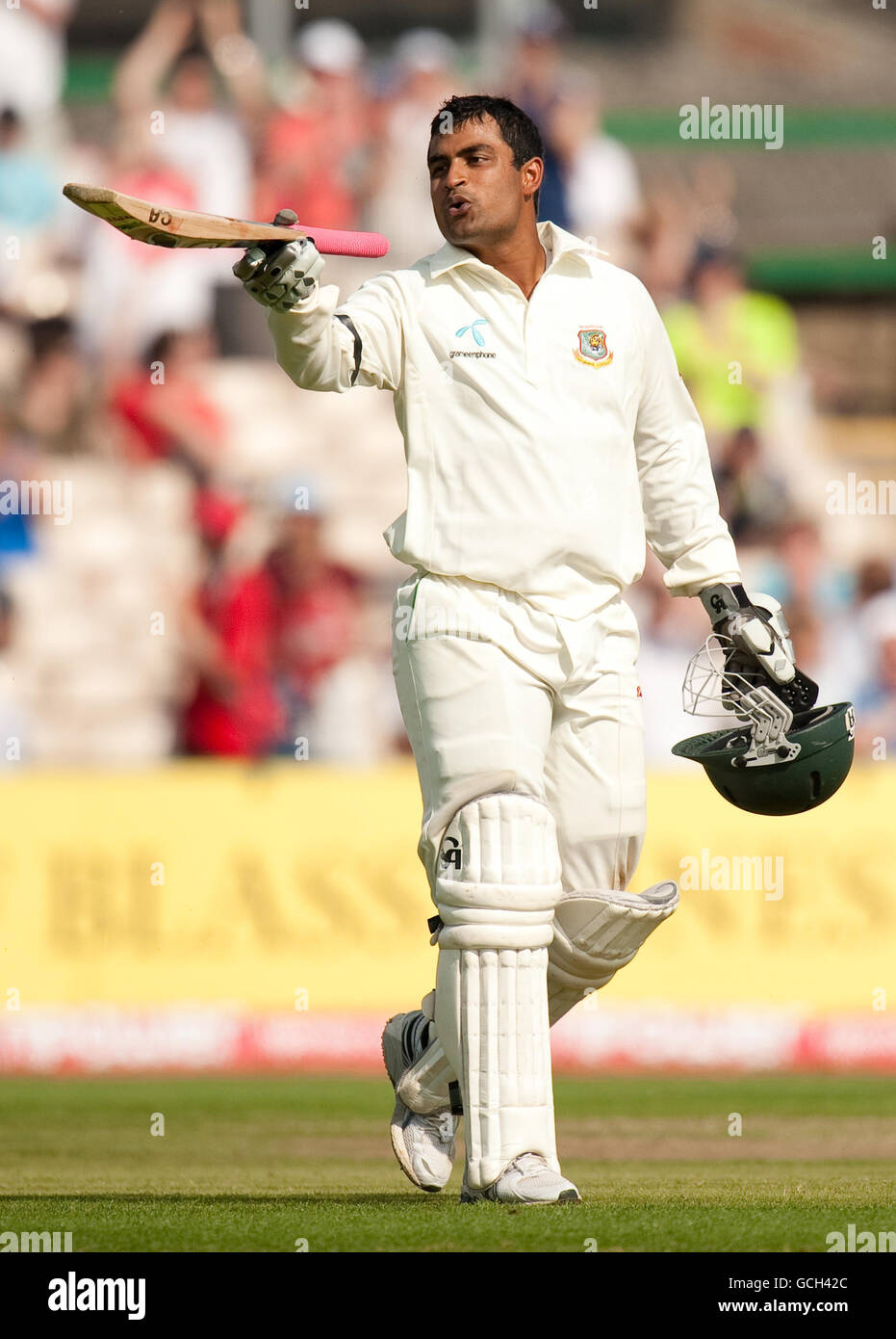 Bangladesh's Tamim Iqbal celebrates reaching his century during their ...