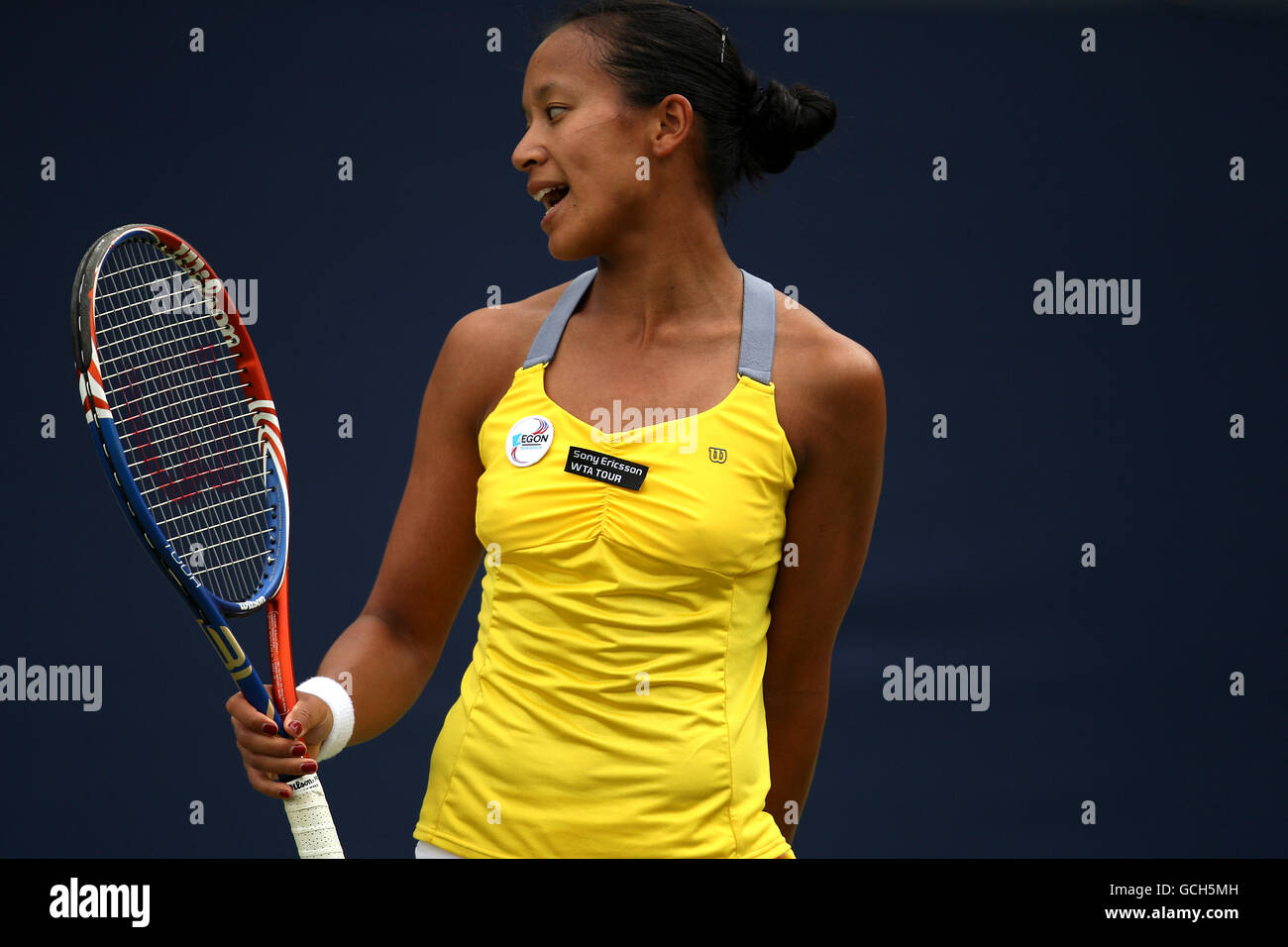 Great Britain's Anne Keothavong reacts while in action against France's ...