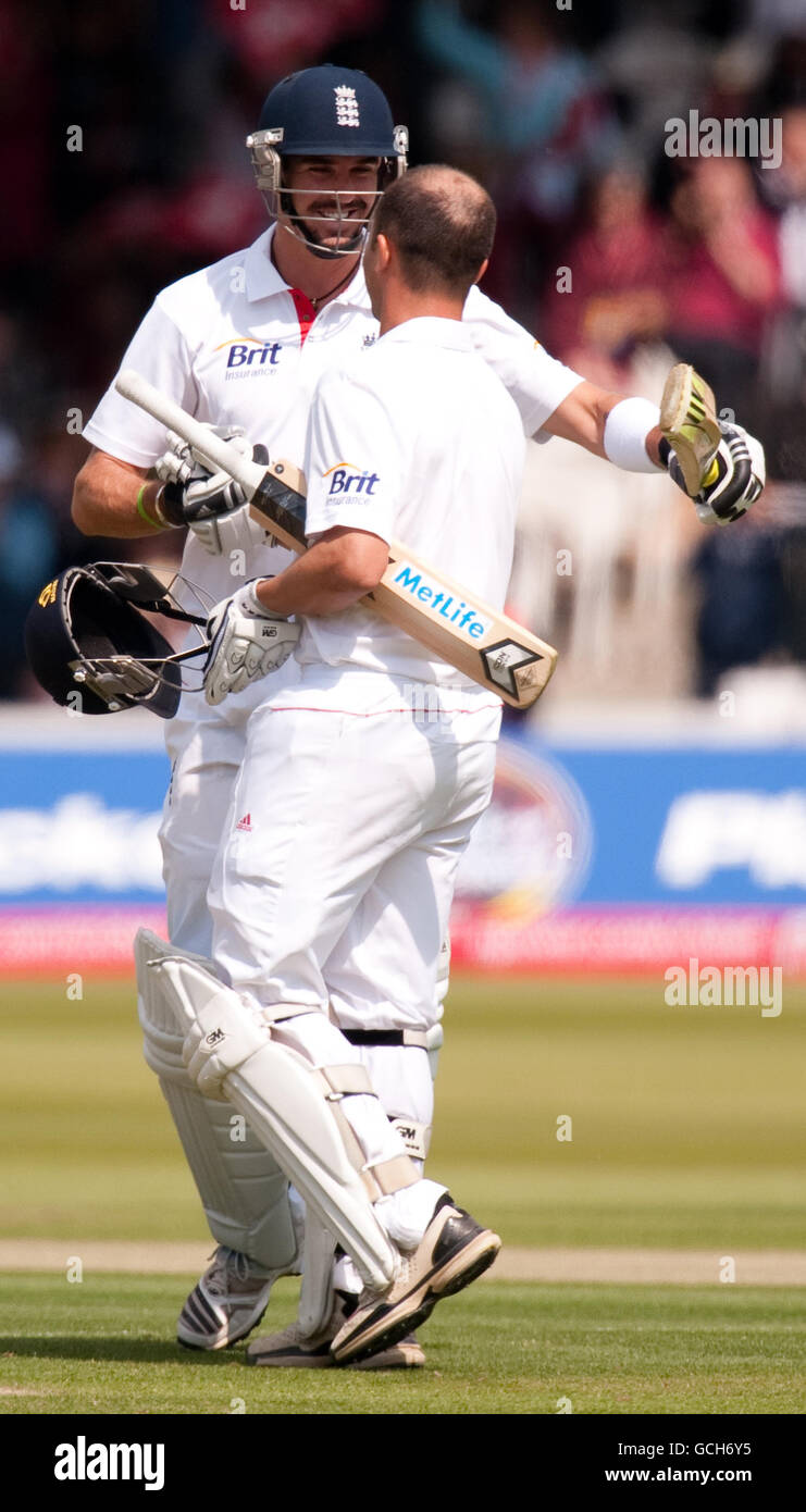 England's Jonathan Trott celebrates his century with Kevin Pietersen ...