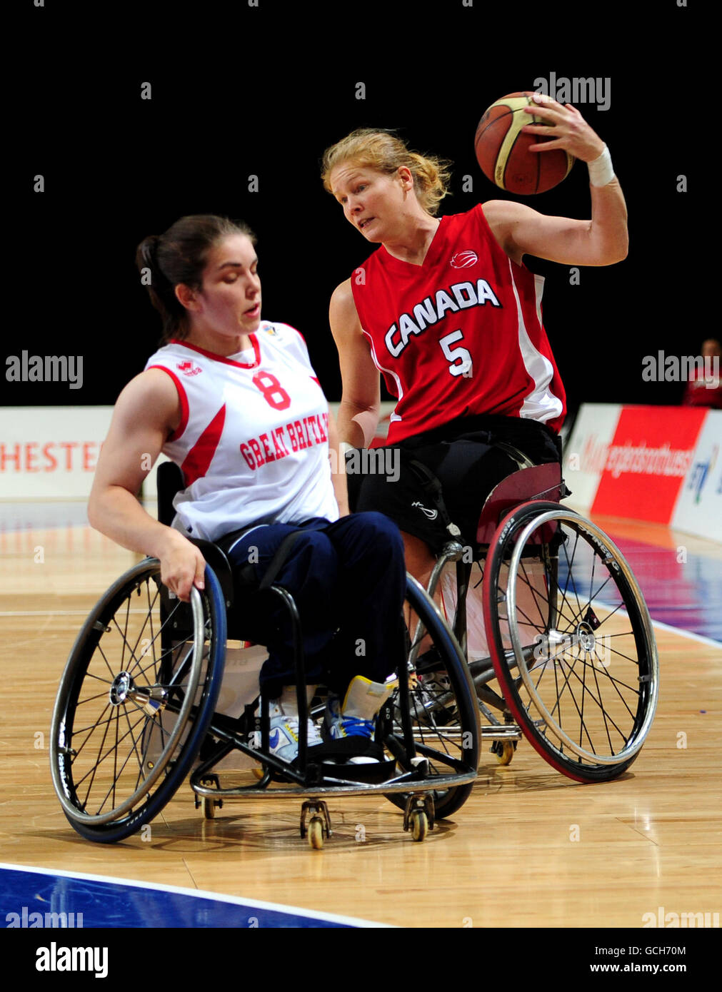 Canada's Janet McLachlab (right) battles past Great Britain's Laurie ...