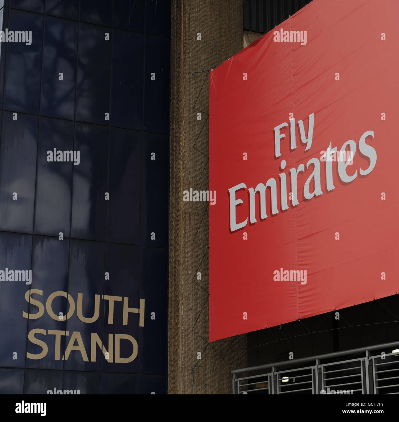 General view of signage fro Fly Emirates and the South Stand at ...