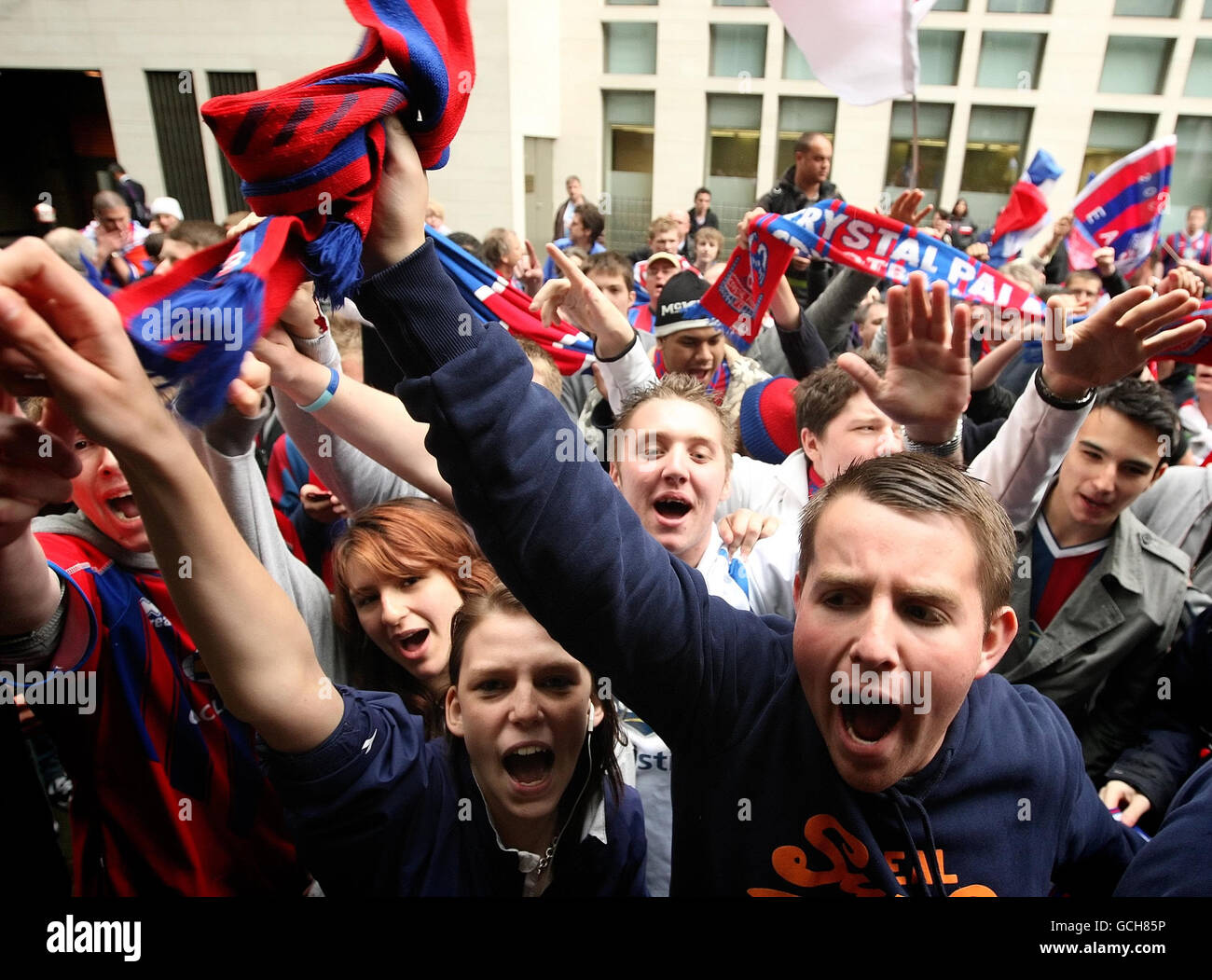 Crystal Palace fans celebrate outside the headquarters of the Lloyds ...