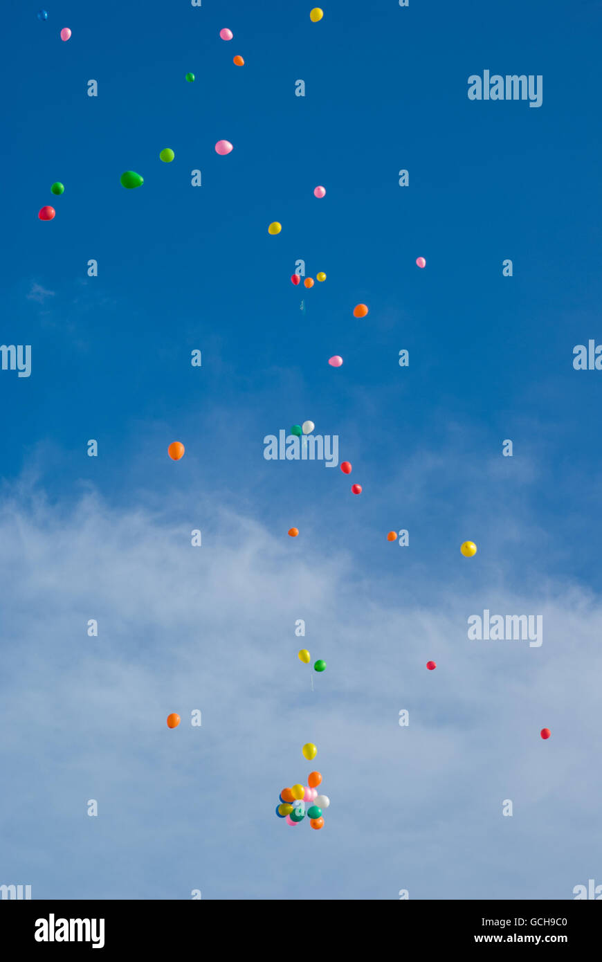 Many colourful balloons floating in sky background Stock Photo - Alamy