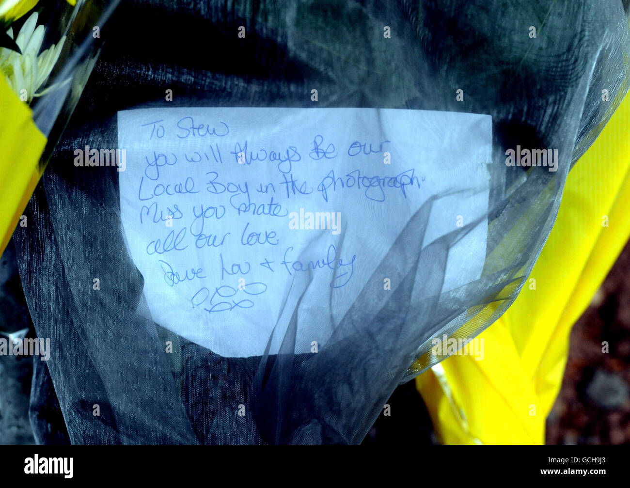 Message on a floral tribute left at the home of Stuart Cable in ...