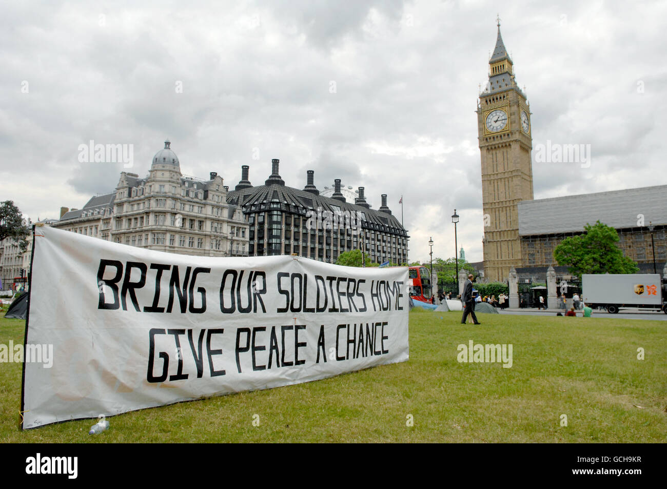 A banner on display in Parliament Square after troops from 11 Light ...