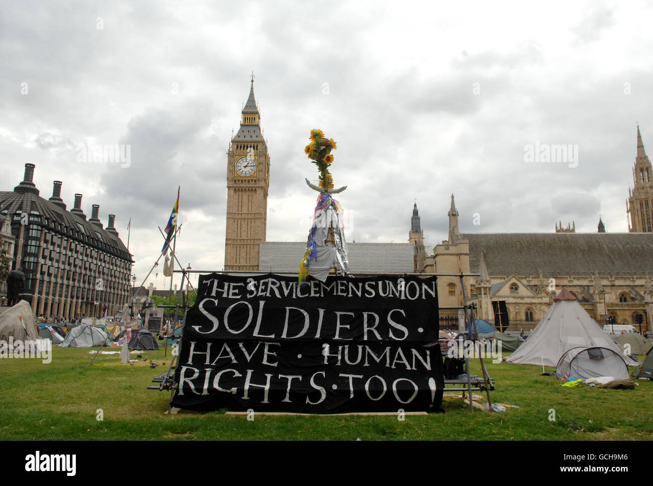 A banner on display in Parliament Square after troops from 11 Light ...