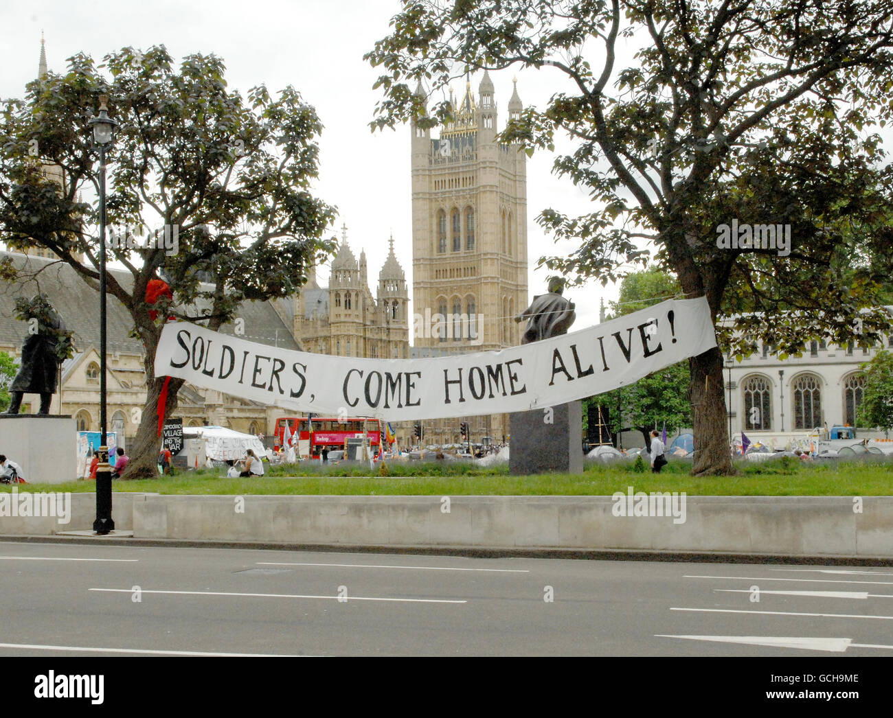 A banner on display in Parliament Square after troops from 11 Light ...