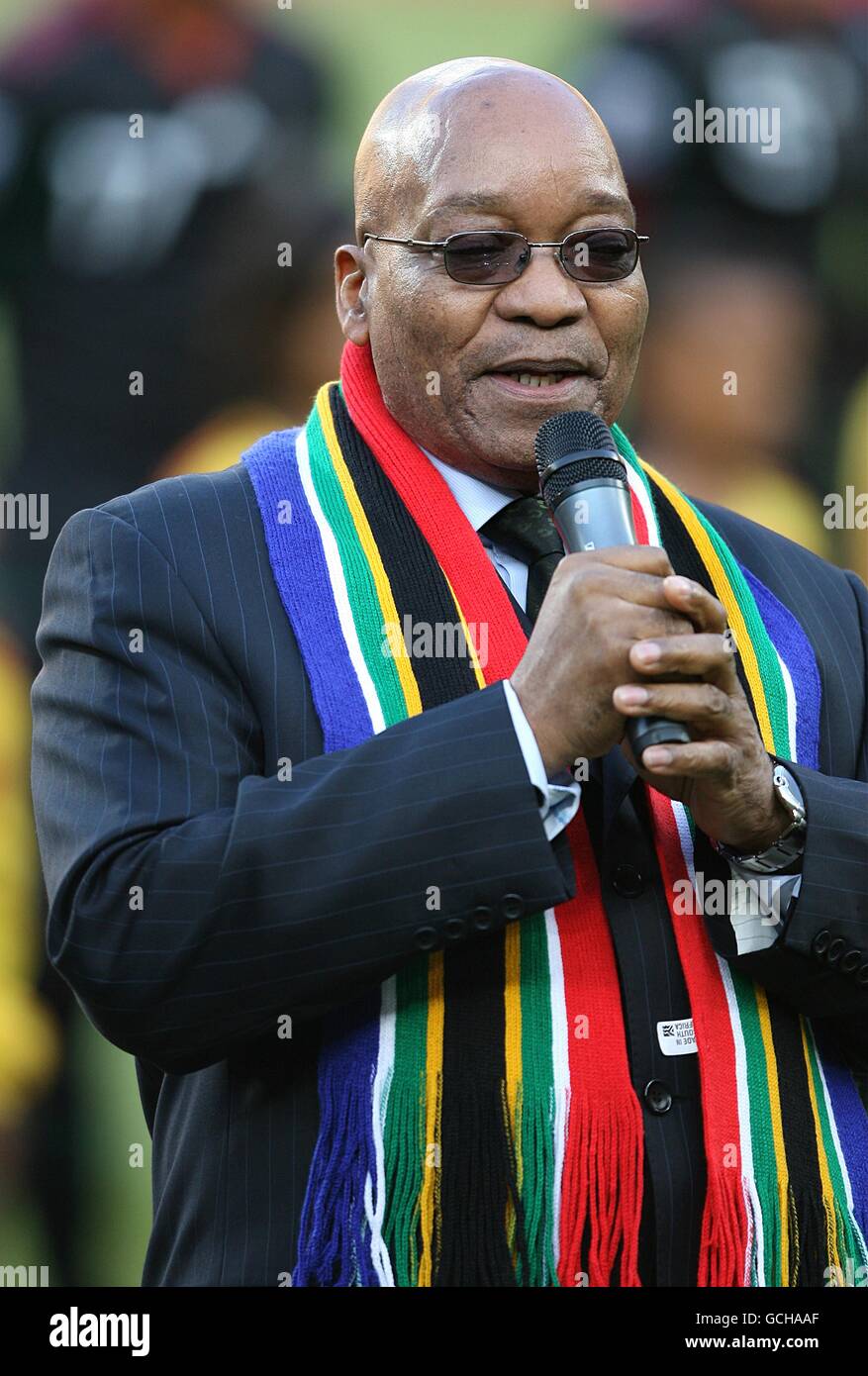 South African president Jacob Zuma addresses the crowd prior to kick ...
