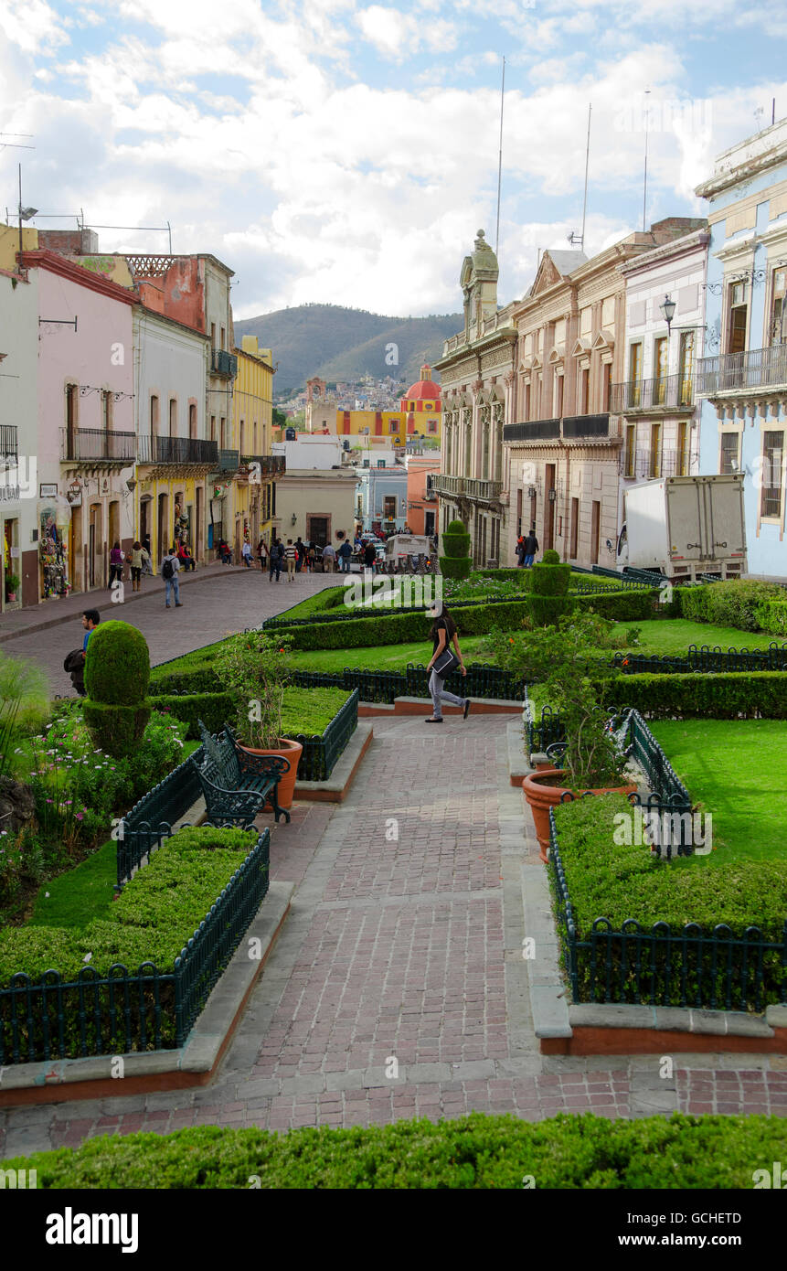 City view of central Guanajuato surrounded by old spanish architecture ...