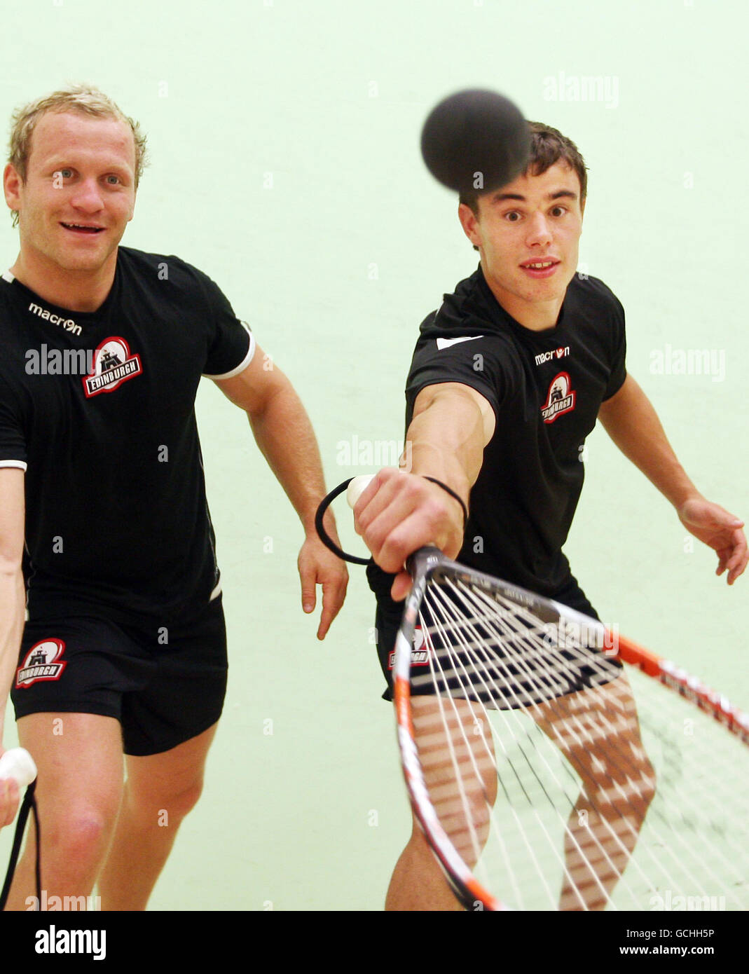 Rugby players Lee Jones (left) and James King play Racketball during a ...