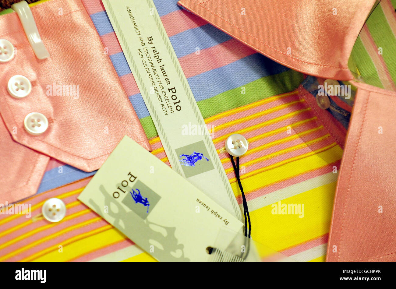 Spelling mistakes on label of a fake lauren polo shirt hi-res stock ...