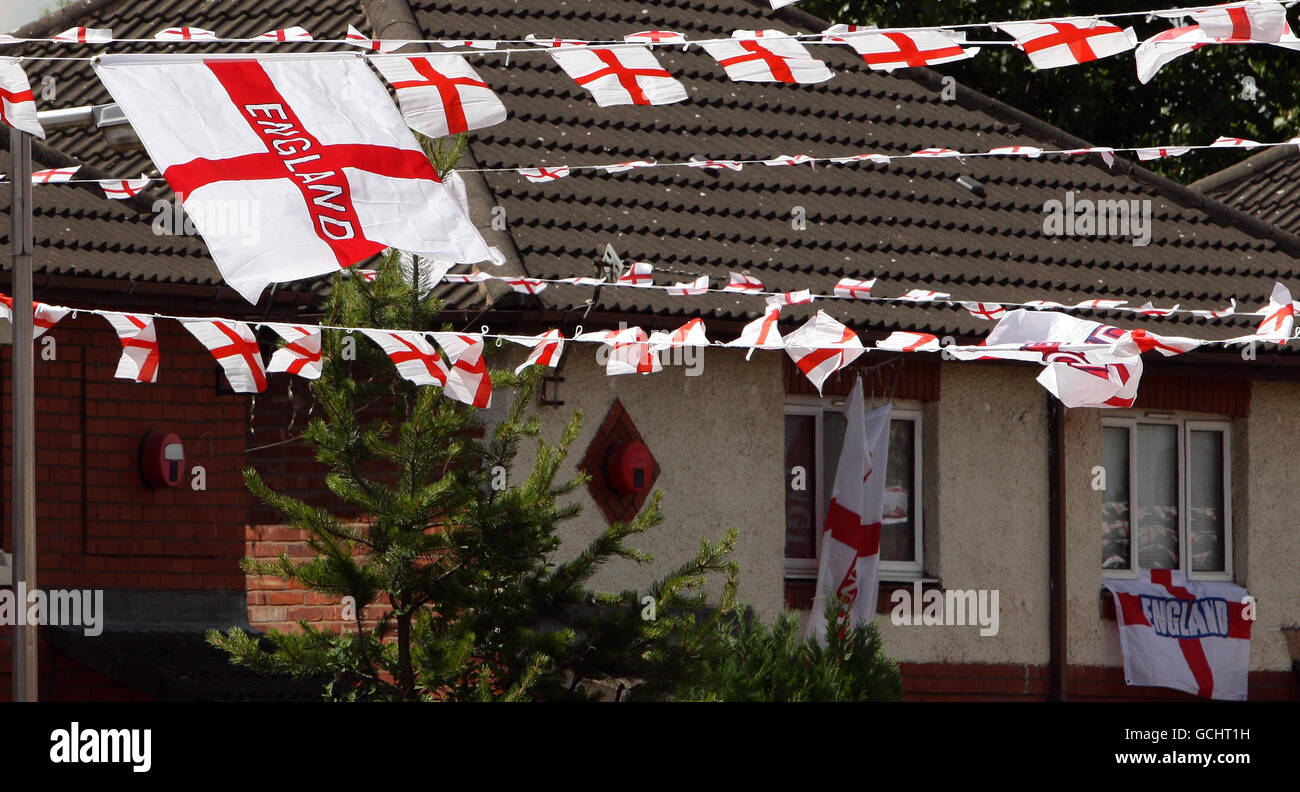 England flags and bunting hangs from houses in the Adswood area of ...