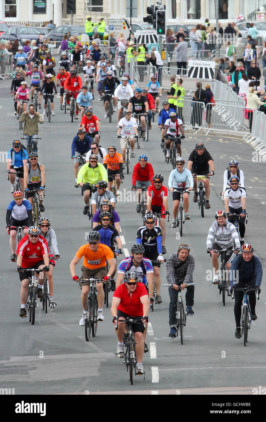 Riders head for the finishing line in Brighton, East Sussex, during the ...