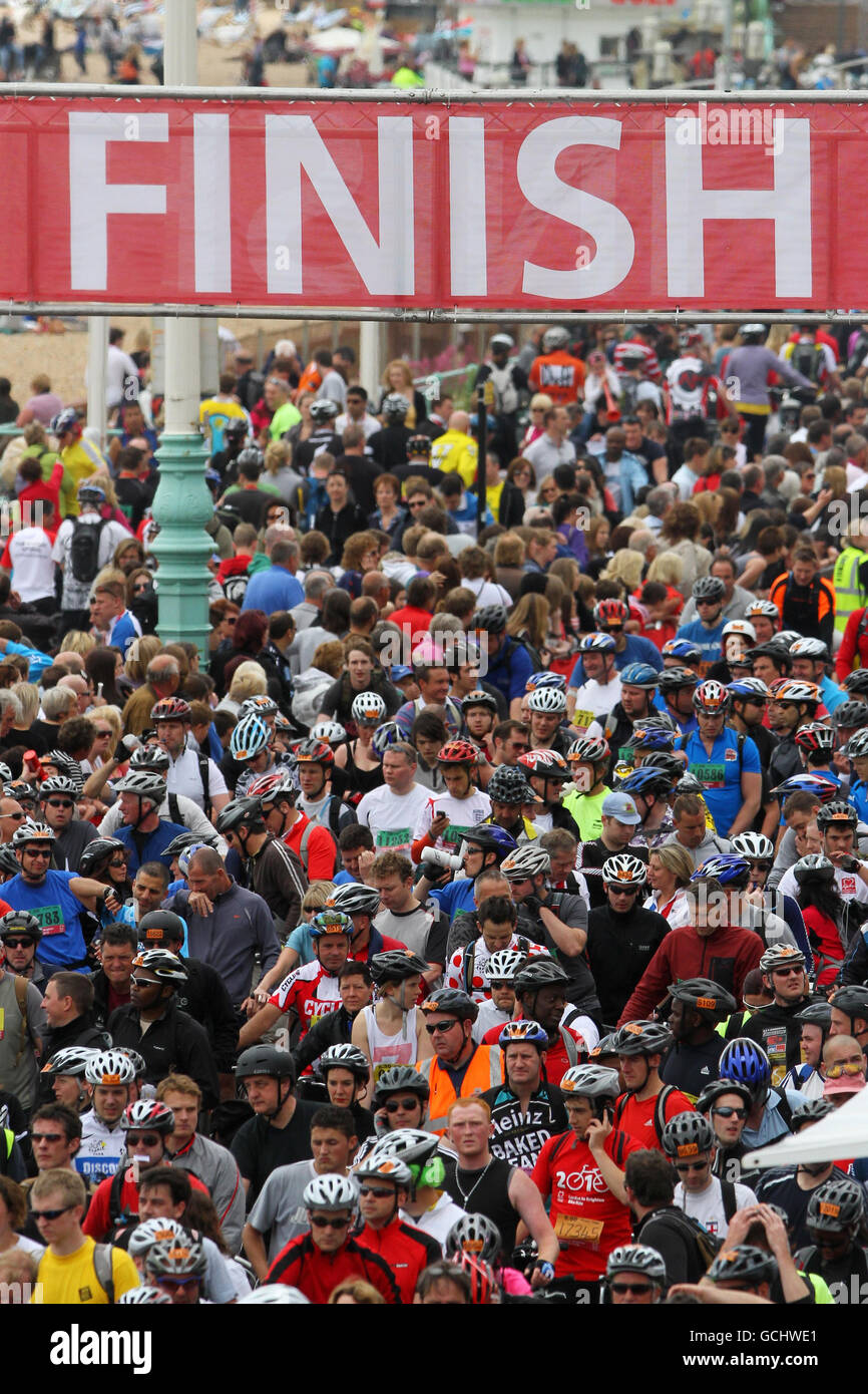 Riders head for the finishing line in Brighton, East Sussex, during the ...