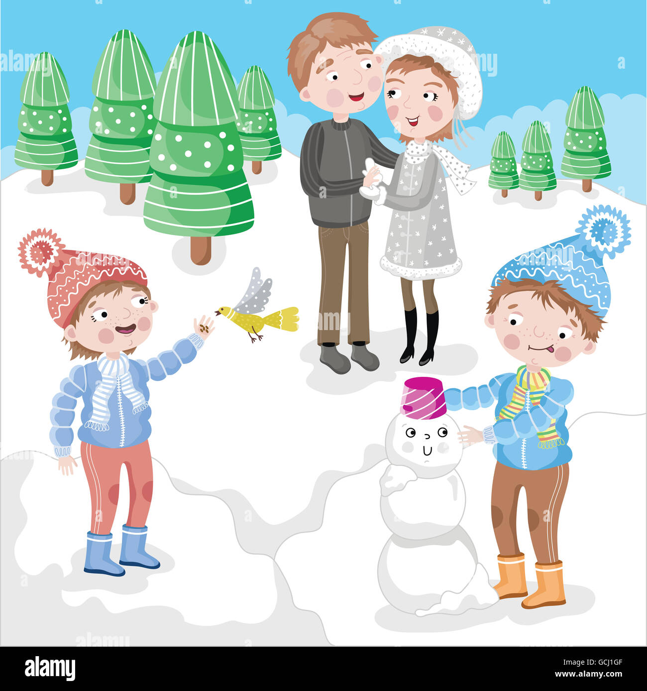 Family Having Fun Snowy Woodland Stock Photo - Alamy