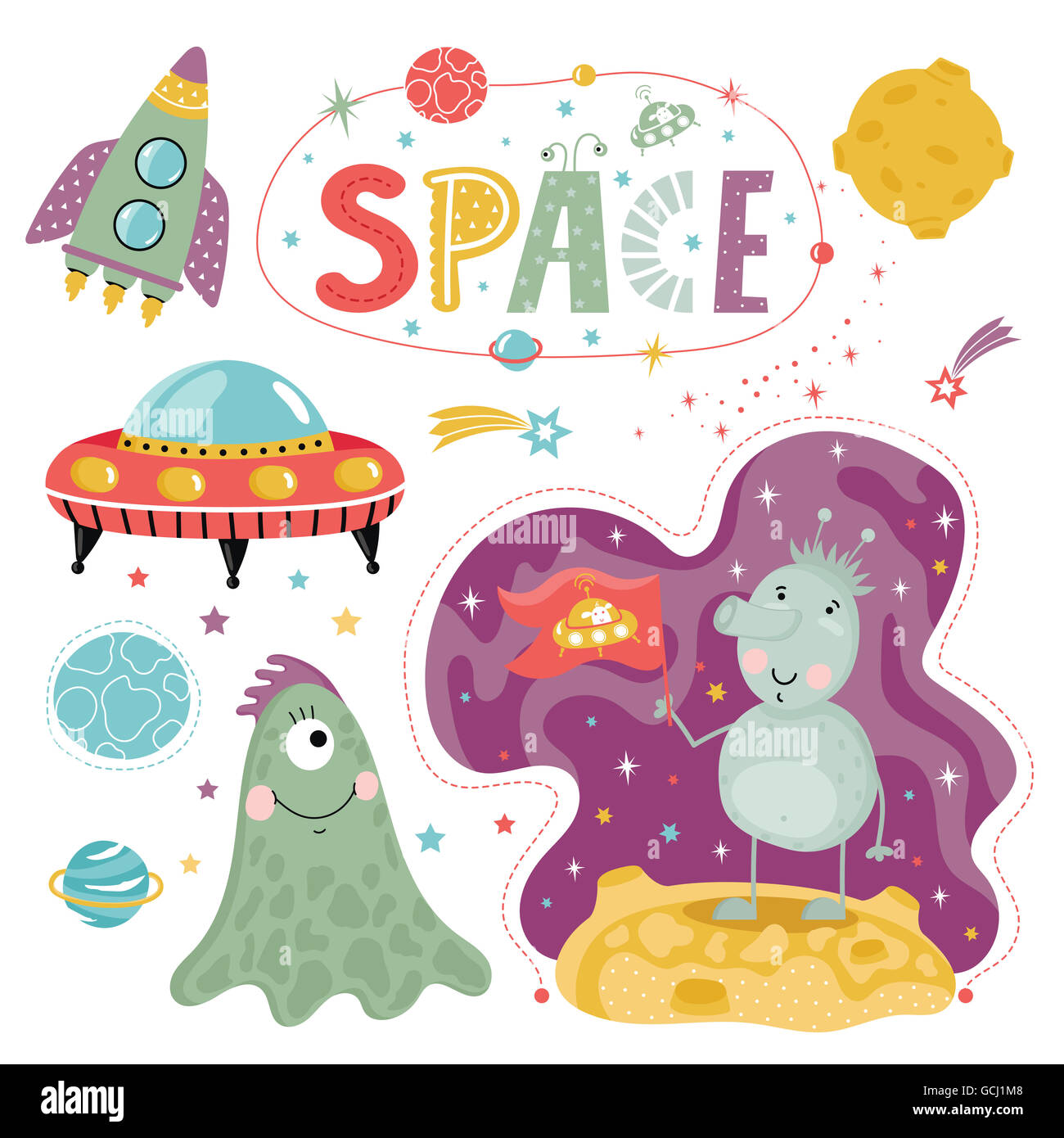 Cartoon illustration about space Stock Photo - Alamy