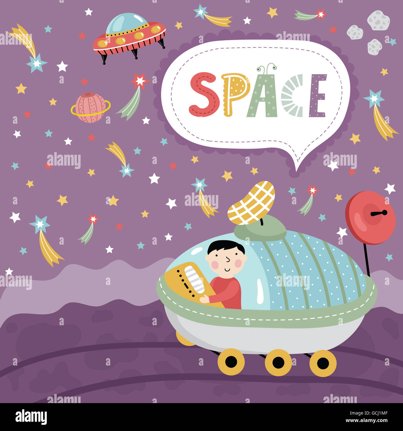 Cartoon illustration about space Stock Photo - Alamy