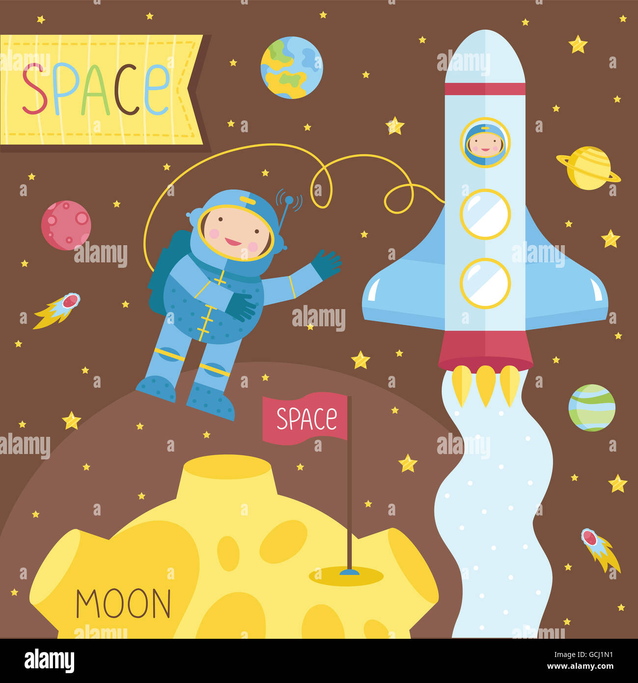 Cartoon illustration about space Stock Photo - Alamy