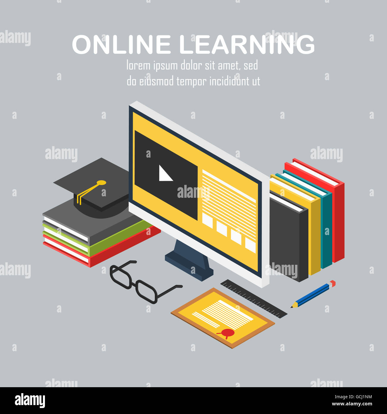 Isometric raster linear illustration of e-learning Stock Photo - Alamy