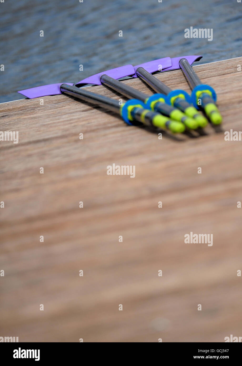General view of four rowing blades lying on a pontoon during the Henley ...