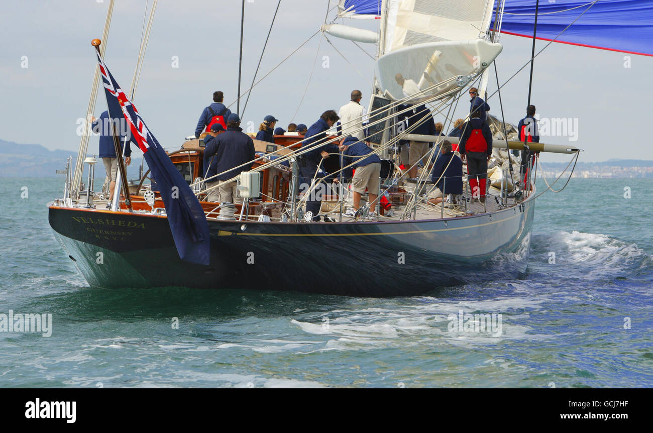 The crew of the J Class yacht Velsheda practice in the Solent ahead of ...