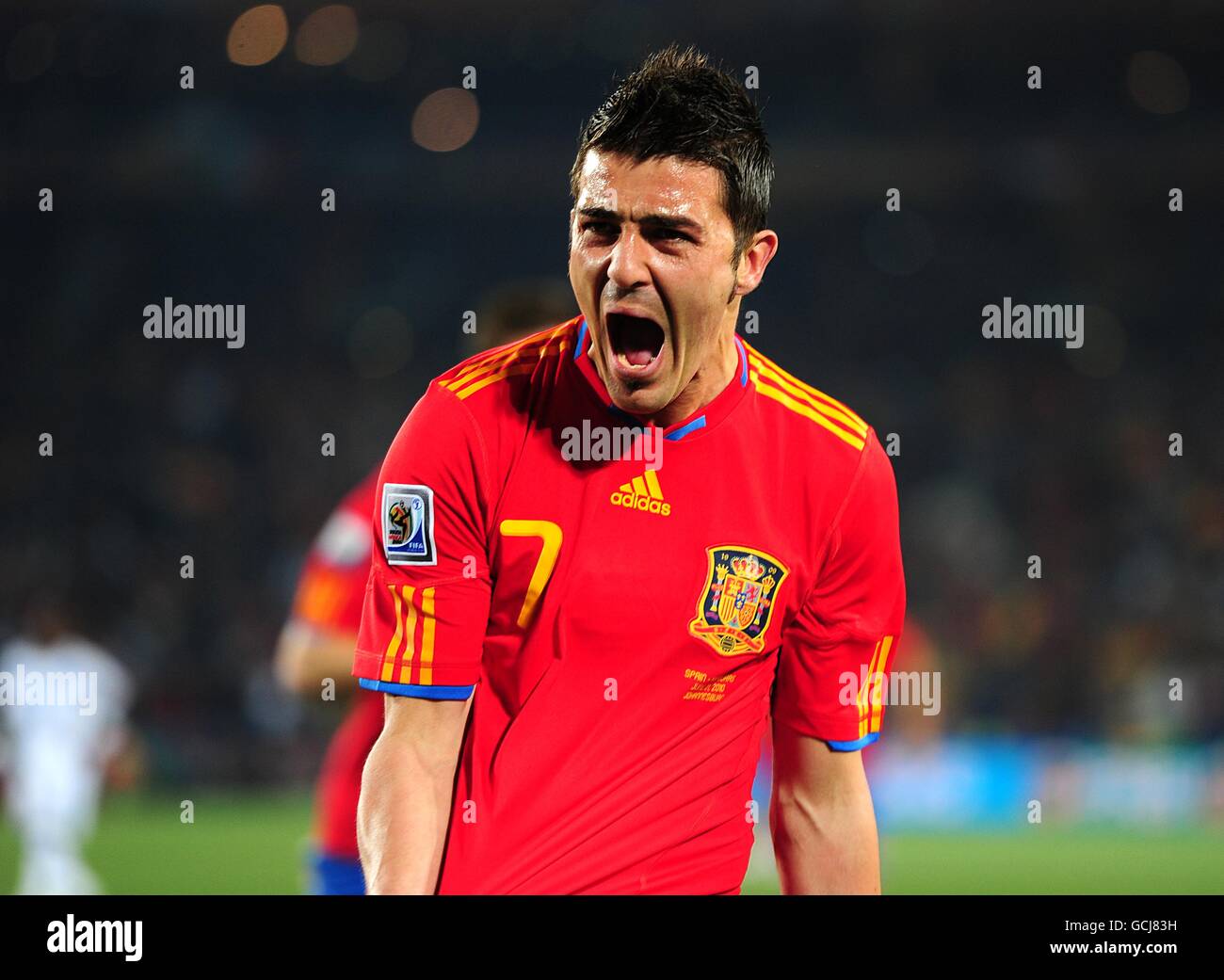 Spain's David Villa celebrates scoring his sides first goal of the game ...