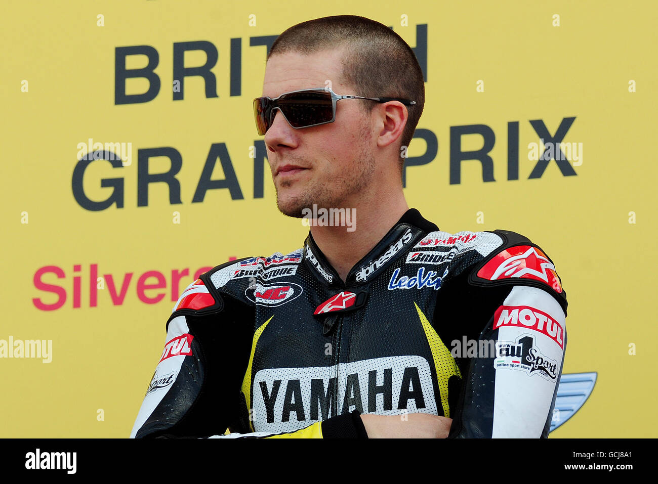 Yamaha's Ben Spies of USA on the podium after his third place during ...