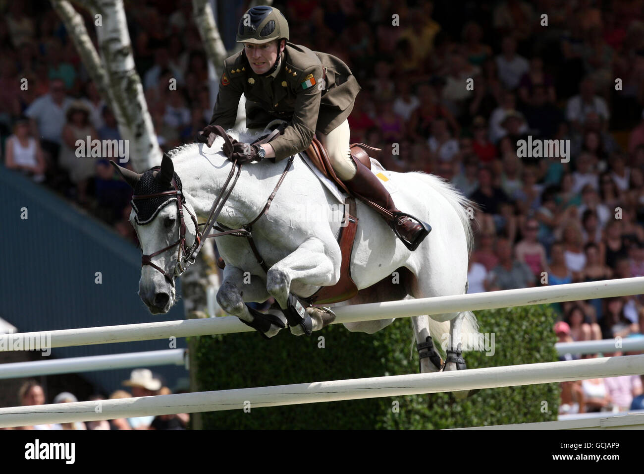 Equestrian hickstead action jockey midair jumping fence mangsm hi-res ...