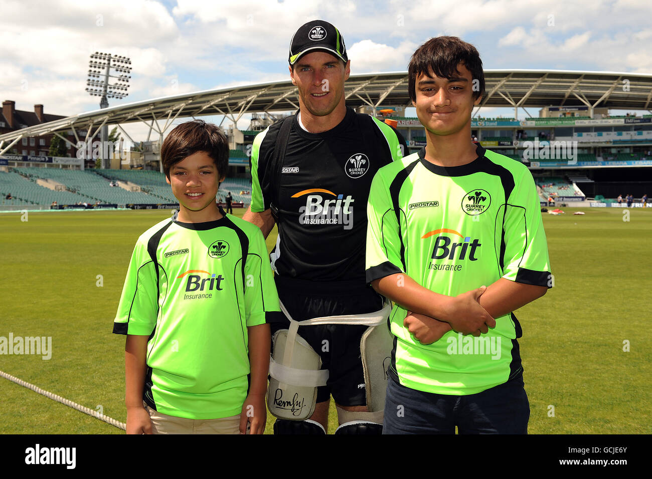 Surrey's Stewart Walters poses for a photo with the mascots prior to ...