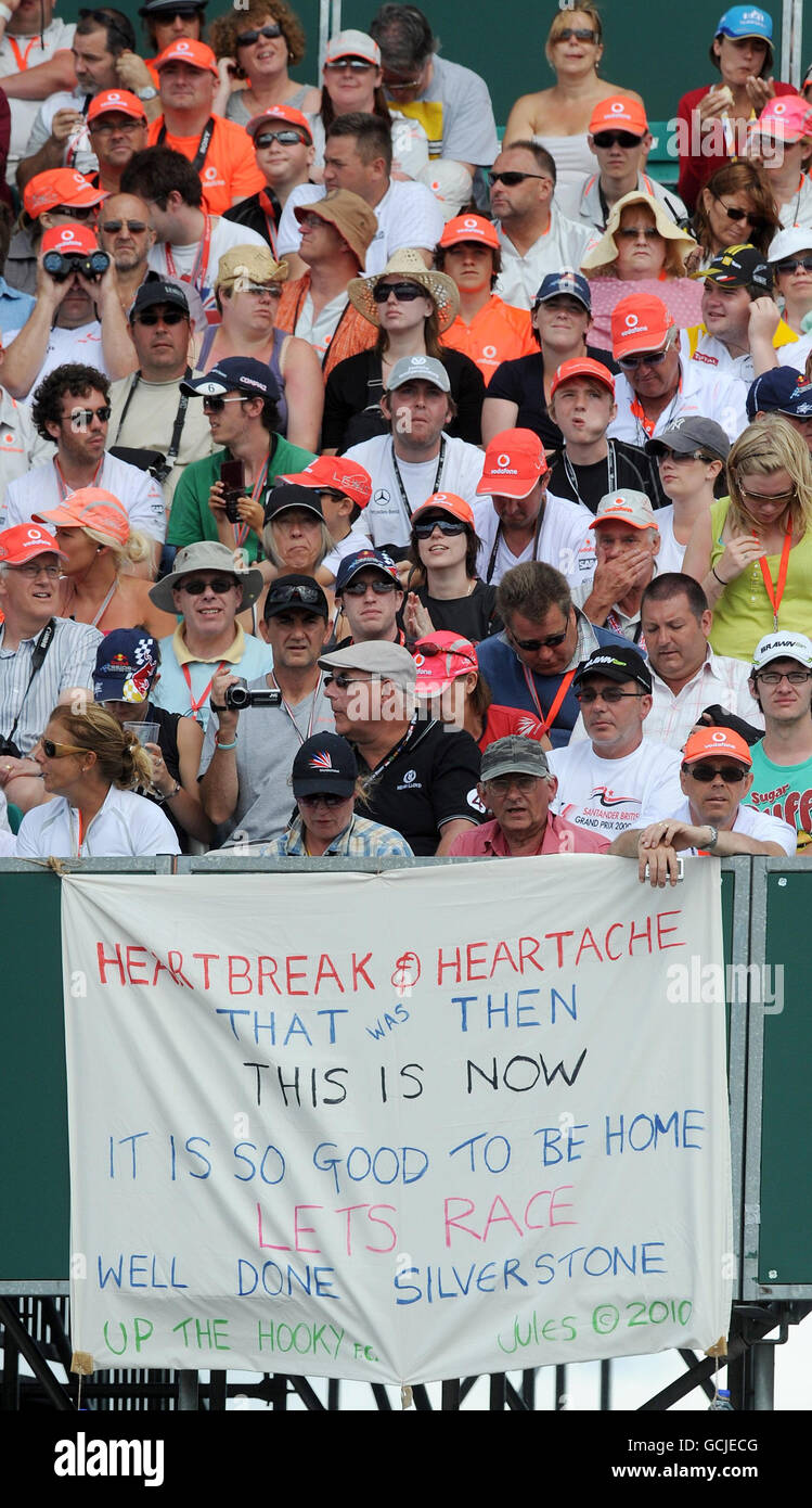 Race fans with a banner supporting Silverstone Circuit during the ...