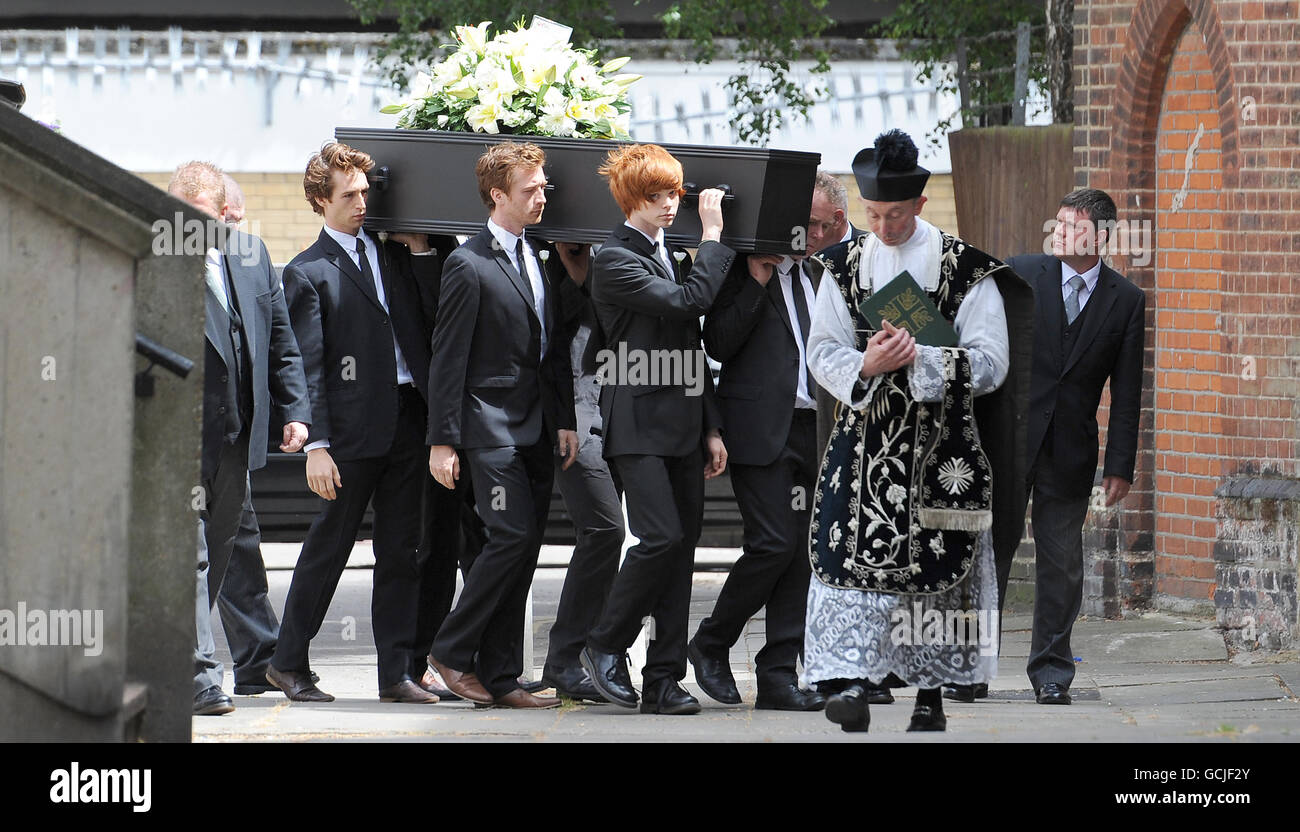The coffin of author Dame Beryl Bainbridge arrives at Saint Silas the ...