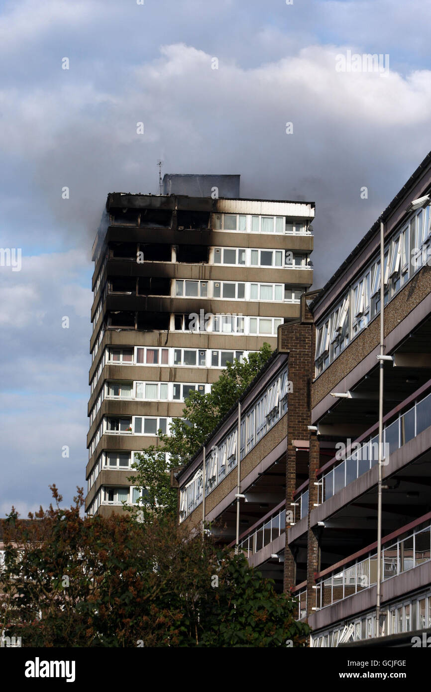 Fire in a tower block in Cambridge Road, Kingston upon Thames Stock ...