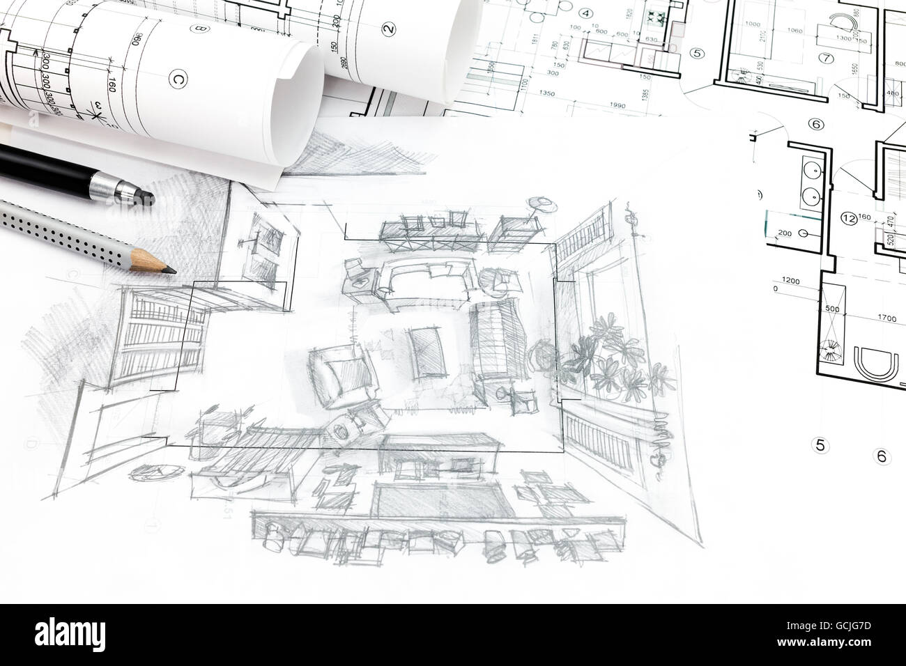 Freehand perspective architectural drawing living hi-res stock ...